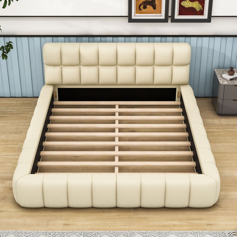 Zeta Queen Size Upholstered Platform Bed with Thick Fabric Beige